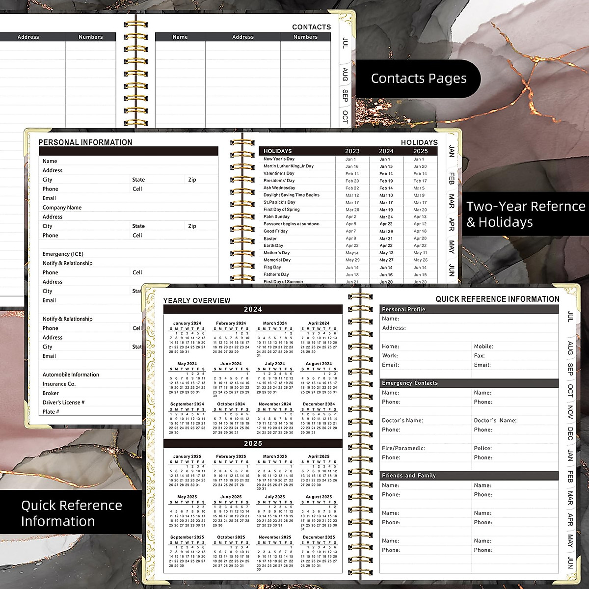 Knagsfa 2024 Monthly Planner, Jan 2024 - Dec 2024 Weekly Monthly Planner 6.5" x 8.5" with Page Tabs, Calendar Hardcover with Inner Pocket, Elastic Band, Twin-Wire Binding, Bookmark,Black Pink Marble