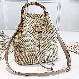 Women's Bucket Drawstring Handbag Straw Shoulder Bag Bamboo Tote Crossbody Bag Beach Bag
