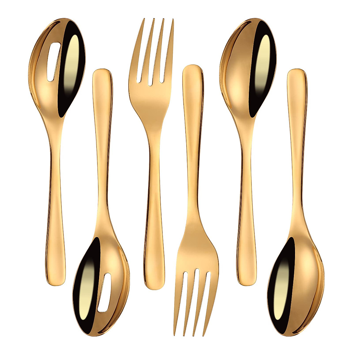 Mafier 10 Inch Stainless Steel Catering Serving Utensils for Party Buffet Dinner Banquet Cooking Kitchen Basics,Including Serving Spoon x 2,Slotted Serving Spoon x 2,Serving Forks x 2（Gold)