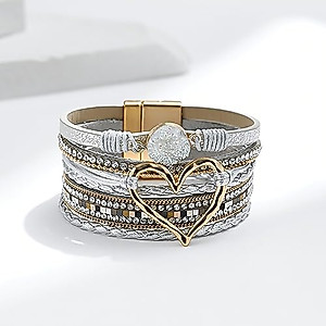 Fesciory Leopard Bracelet for Women, Boho Leather Wrap Multi-Layer Pearl Crystal Bracelet Bangle Jewelry (B33:Heart Leather(Silver))