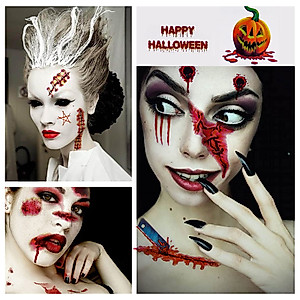 NiHome 40 Sheets Halloween Horror Removable Realistic Fake Temporary Tattoo Set, Zombie Costume Cosplay Blood Wound Bleeding Scar Variety Party Makeup Face Decals Prank Supplies