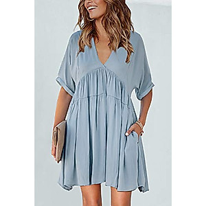 HUUSA 2020 Women's Summer Cute Babydoll Swing Flowy Tunic Dress Ladies Short Sleeve V Neck Casual Loose Solid Color Fashion Mini Shift Dresses Sky Blue Large