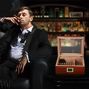 Bald Eagle Cedar Cigar Humidors with Digital Hygrometer, Handcrafted Cigar Box with Humidifier, Glass Top Humidor Box Luxury Cigar Case Sapele Cherry Finish Cigar Box (25-50 Cigars)