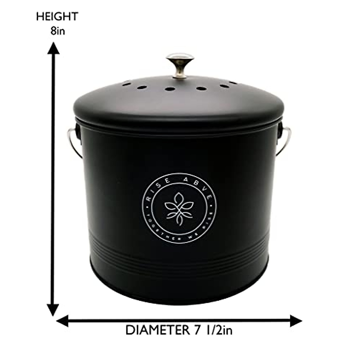 Rise Abve Compost Bin - Odorless Indoor Food Waste Bin with Lid - Scrap Bin - Water Resistant & Rust Bucket - Fixed Black Charcoal Filter - Cross Shaped Design - Easy to Clean Kitchen - Size 8”x7 1/2