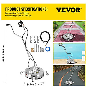 VEVOR 24" Surface Cleaner, 4000PSI Max. Pressure Flat Surface Cleaner, Stainless Steel Rotating Surface Cleaner, Pressure Washer Surface Cleaner w/ 3 Nozzles, Fit for 3/8" Quick Connector, for Patio