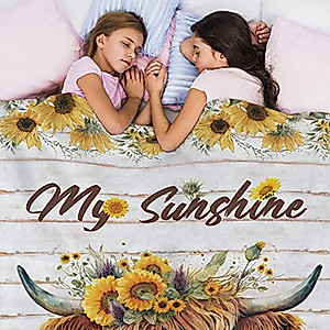 Paready Highland Cow Sunflower Blanket Cow Print Throw Blanket Soft Cozy Blanket for Bedroom Living Room Decor Couch Sofa Lightweight Blanket for Kids Adults-60 X80