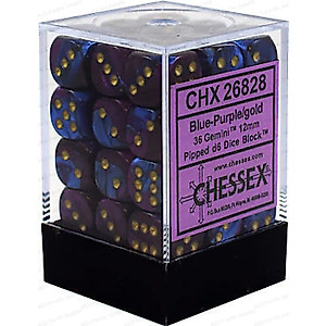 Chessex Gemini Blue and Purple with Gold Pips 6-Sided Dice, Size 12mm, 36 Dice Block