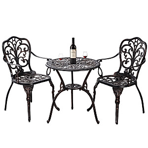 Bistro Set 3 Piece Outdoor Bistro Set, Cast Aluminum Bistro Table Set with Umbrella Hole, Anti Rust Bistro Table and Chairs Set of 2 for Front Porch, Balcony, Bronze