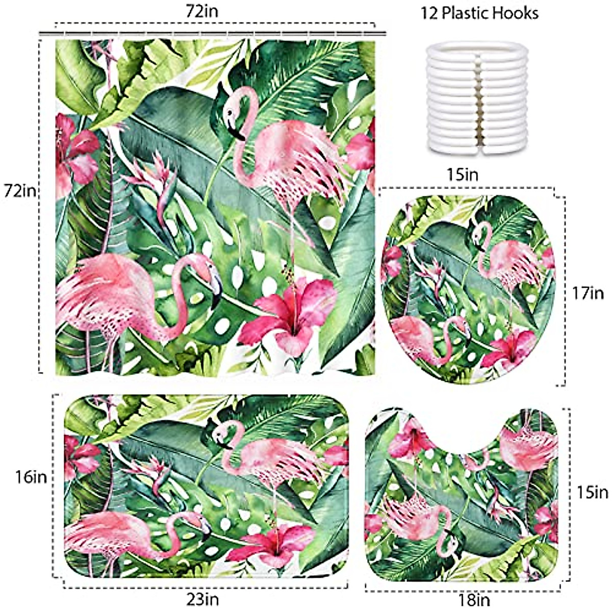 Britimes 4 Piece Shower Curtain Sets, with 12 Hooks, Tropical Leaf Flamingo with Non-Slip Rugs, Toilet Lid Cover and Bath Mat, Durable and Waterproof, for Bathroom Decor Set, 72" x 72"
