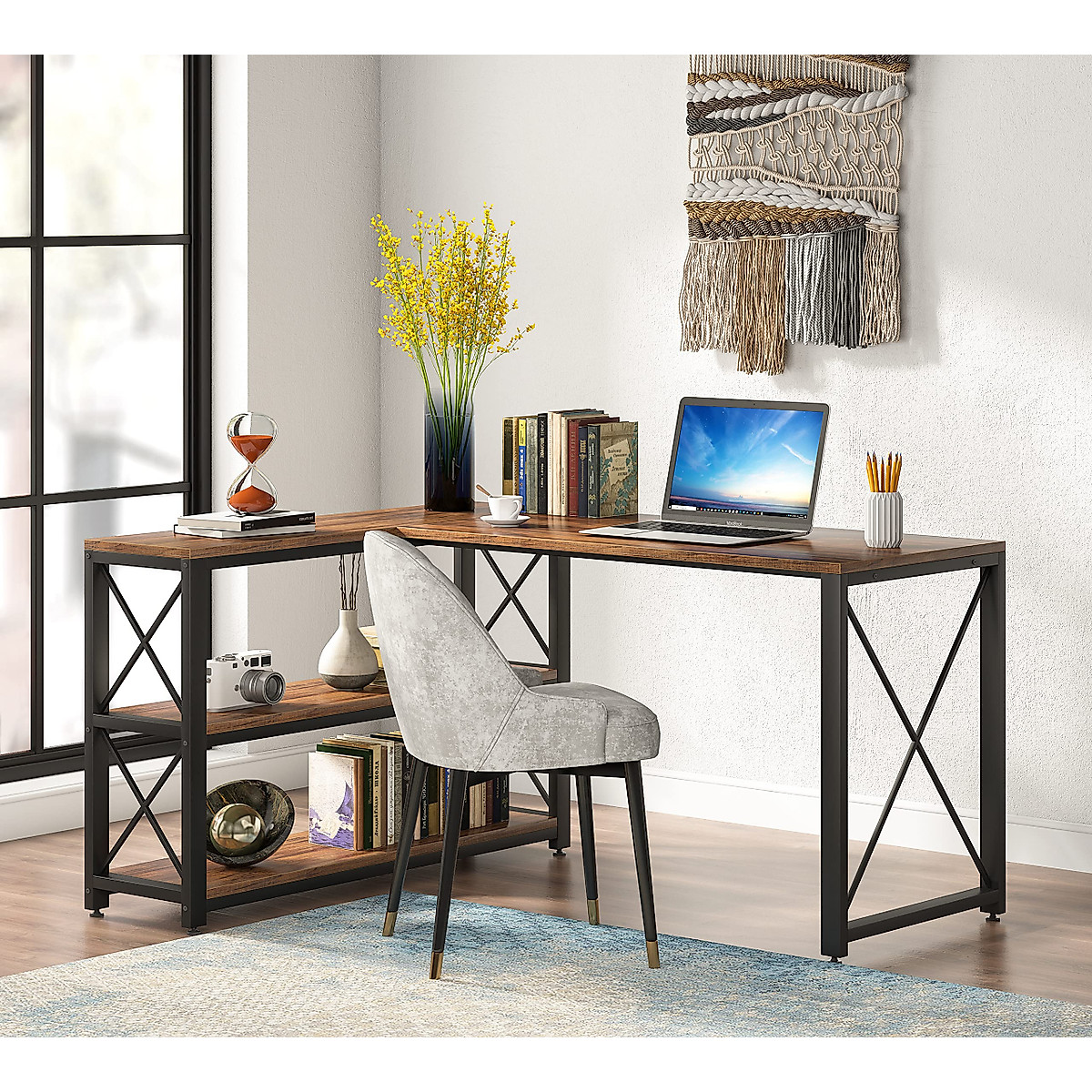 Tribesigns Reversible Industrial L-Shaped Desk with Storage Shelves, Corner Computer Desk PC Laptop Study Table Workstation for Home Office Small Space (Brown, 53")