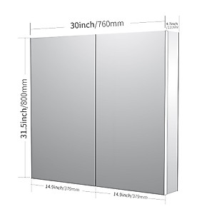 Sunrosa Medicine Cabinet with Mirror, 30" W×31.5" H Bathroom Tempered Glass Mirror Medicine Cabinet, Wall-mountable and Recessed-in Medicine Cabinet for Bathroom, 2 Symmetrical Doors Medicine Cabinet