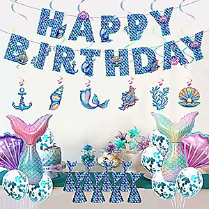 Mermaid Party Decorations, Mermaid Birthday Decorations with Happy Birthday Banner/Balloons Photo Prop/Hanging Swirl Decors (Blue, Decorations)