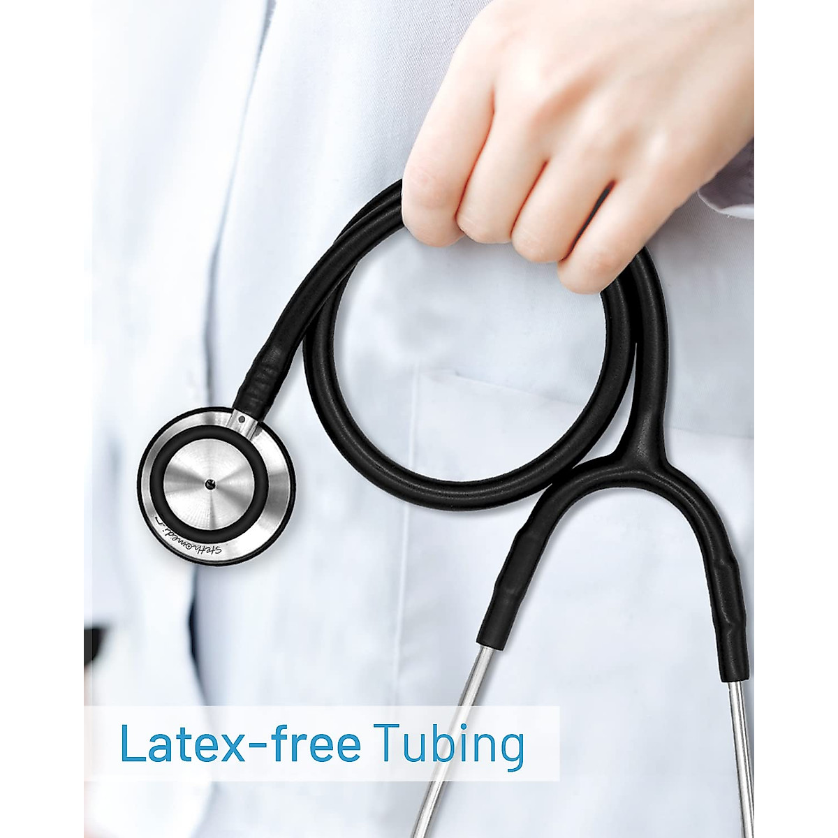 FriCARE Dual Head Stethoscope - Stethoscopes for Nurses, Medical Nursing Students, Paramedics/EMT/LVN/VNA Backup - FSA/HSA Eligible Estetoscopio, Smooth Black Tube, Stainless Steel Chestpiece