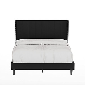 FANYHOM Queen Size Tufted Upholstered Bed Frame Low Profile Velvet Bed Frame Platform with Raised Wingback Headboard/No Box Spring Required/Wood Slat Support/Black