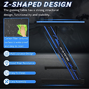 47" Gaming Desk Z Shaped Gaming Table Large Home Office Desks PC Computer Desk Workstation Ergonomic Gamer Table Writing Desk with Headphone Hook for Game Player Boyfriend Gift, Blue