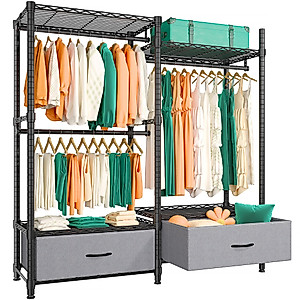 REIBII Garment Rack Clothing Rack for Hanging Clothes 150+ Load 650lbs Freestanding Wardrobe Closet with 2 Drawers, 3 Hanging Rods Clothes Rack for Extra Closet Space, 15.9" D x 46.5" W x 70.9" H