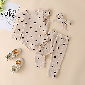 Baby Girl Clothes Infant Girls Outfits 3PC Rib Frill Long Sleeve Romper Pants Headband Set (Apricot, 6-9 Months)