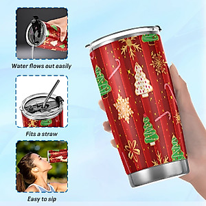 Yasala Christmas Tumbler Xmas Tree Red Stripes Insulated Coffee Cup Beverage Container Office Travel Mug with Straw and Lid 20oz Holiday Back to School Gift
