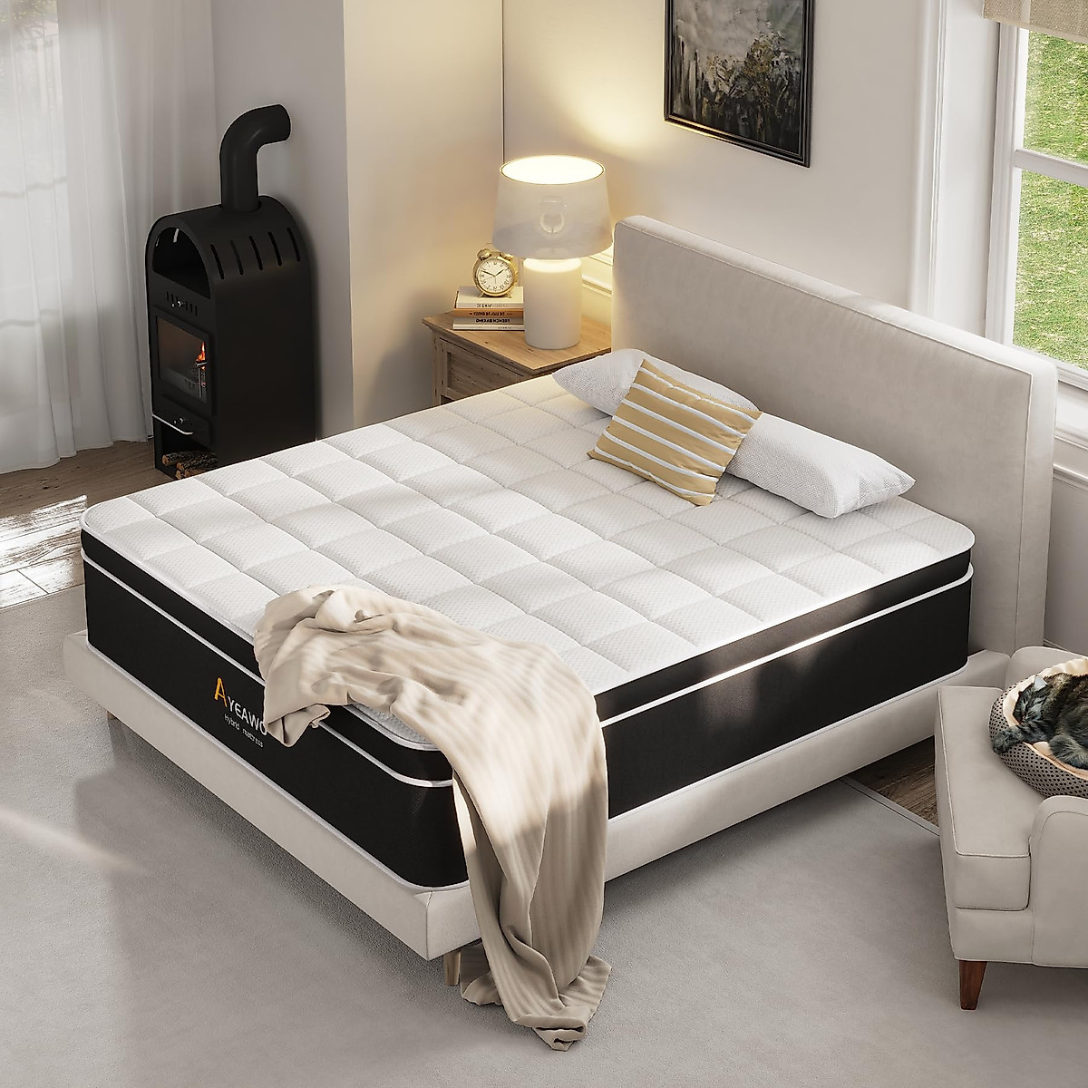 Ayeawo Queen Mattress, 10 Inch Hybrid Mattress with Soft Foam and Motion Isolation Pocket Spring, Queen Size Mattress in a Box, Medium Firm Mattress Queen Size with Breathable Fabric, Edge Support