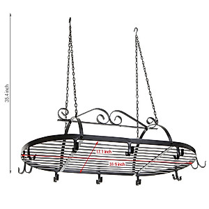 MyGift Black Scrollwork Metal Pot and Pan Ceiling Hanging Rack Heavy Duty Cooking Pans and Utensil Hanger with 10 Dual Hooks