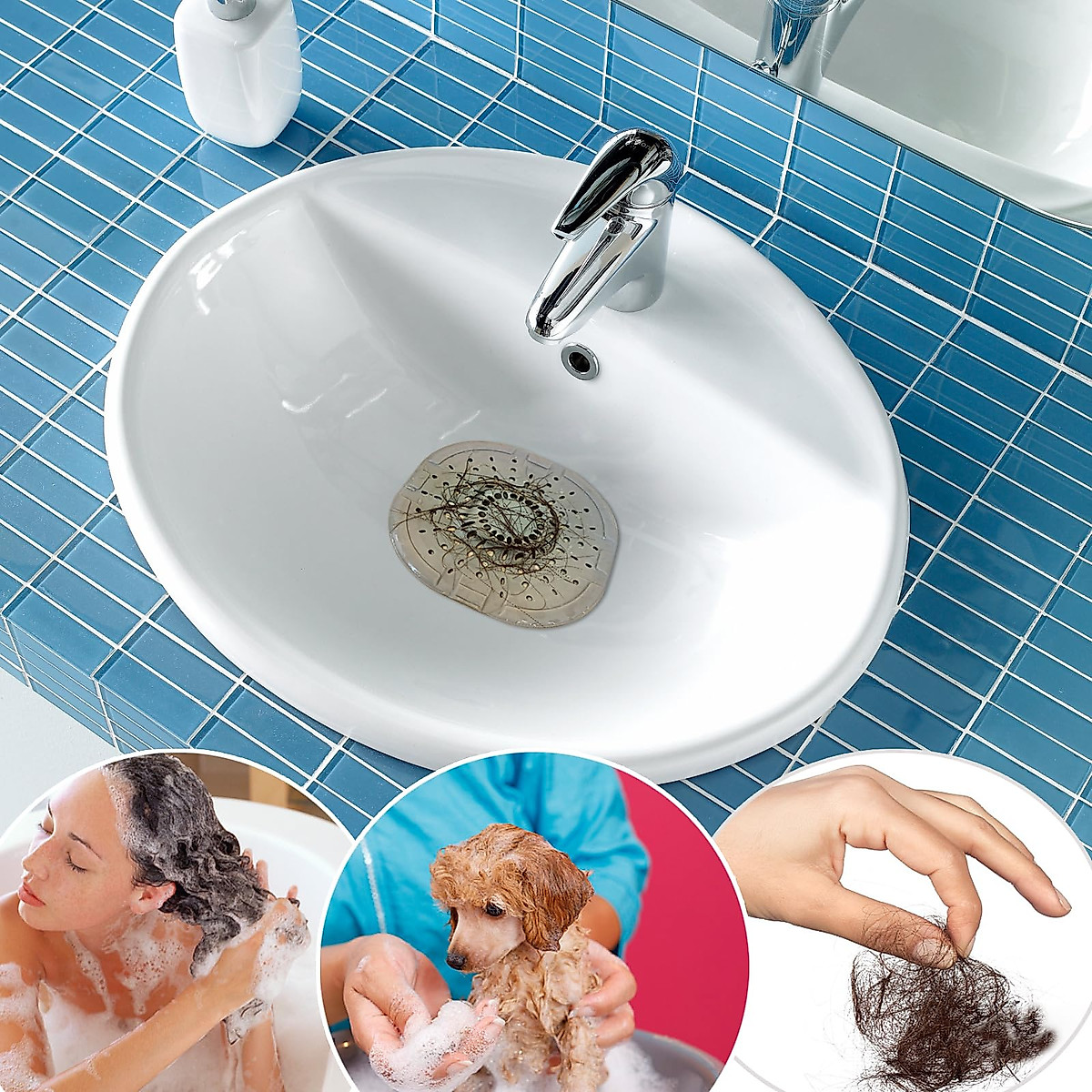 Shower Hair Drainer Catcher, Square Silicone Hair Stopper,Drain Hair Catcher Cover with Suction Cup Easy to Install and Clean Suit for Bathroom Bathtub and Kitchen(Upgraded Strong Suction Grey)