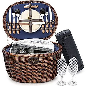 Unique Willow Picnic Basket for 2 Persons, Natural Wicker Picnic Hamper with Service Set and Insulated Cooler Bag - Best Gifts for Father Mother