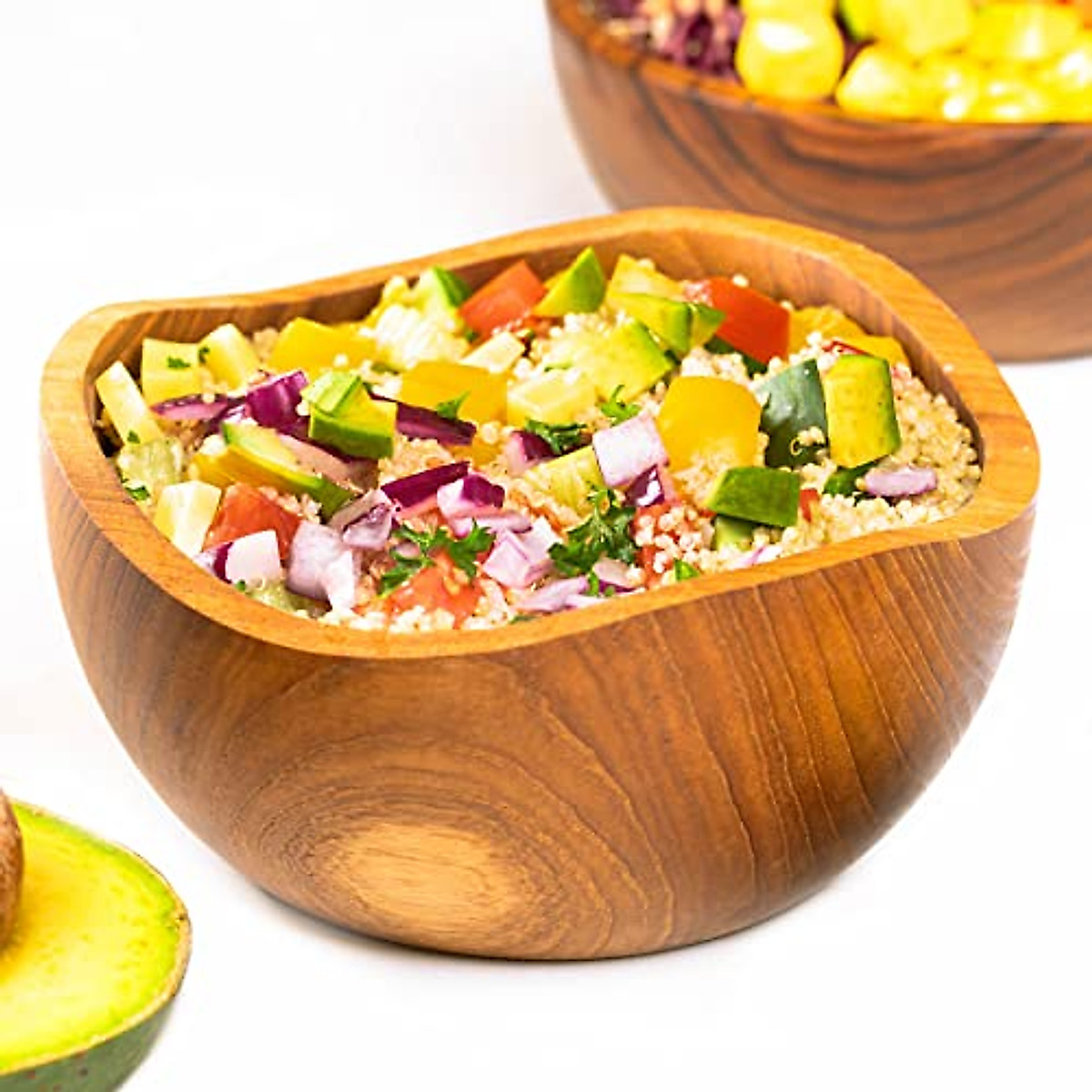 Rainforest Bowls Set of 4 6.5" Regular Wavy Curved Rim Javanese Teak Wood Bowls- Perfect for Everyday Use, Hot & Cold Friendly, Ultra-Durable- Premium Wooden Bowls Handcrafted by Indonesian Artisans