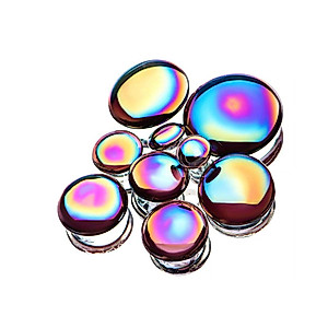 Pierced Owl Front Facing Metallic Rainbow Oil Slick Glass Saddle Plugs, Sold as a Pair (12mm (1/2"))