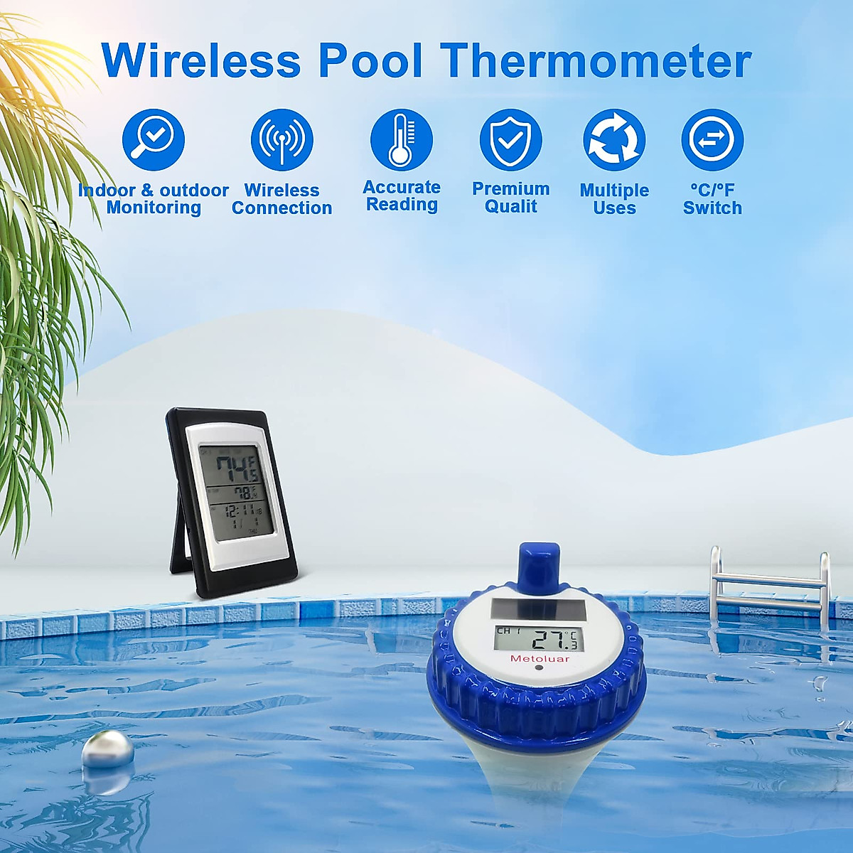 Metoluar Pool Thermometer, Wireless Floating Easy Read, Best Solar Remote Digital Outdoor Floating Thermometers for Swimming Pool, Bath Water, and Hot Tubs