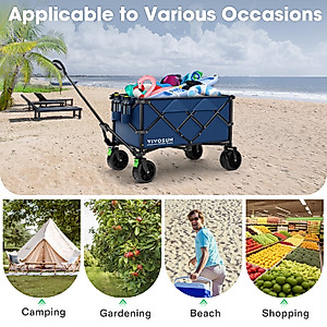 VIVOSUN Collapsible Folding Wagon, Outdoor Utility with Silent All-Terrain Beach Wheels, Adjustable Handle, Cup Holders & Side Pockets, for Camping, Beach, Shopping, Garden, Sports, Picnic, Blue