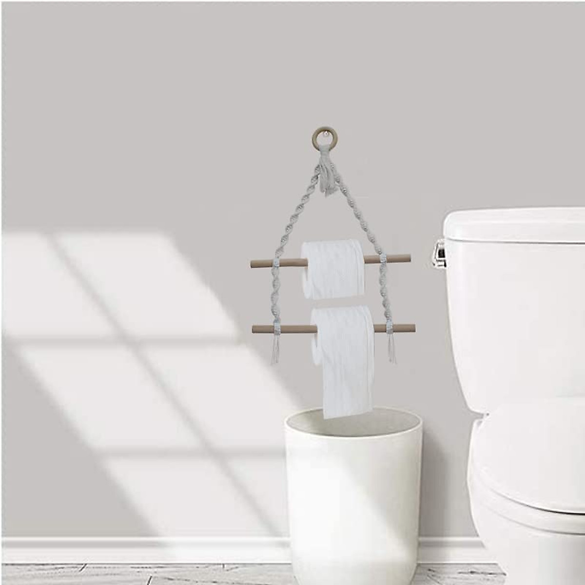 Wall Mount Paper Towel Holder, Boho Wooden Macrame Toilet Paper Holder Towel Rack, Bohemian Handmade Woven Cotton Rope Hanging Decor Tissue Storage Holder for Bathroom Kitchen Bedroom Livingroom