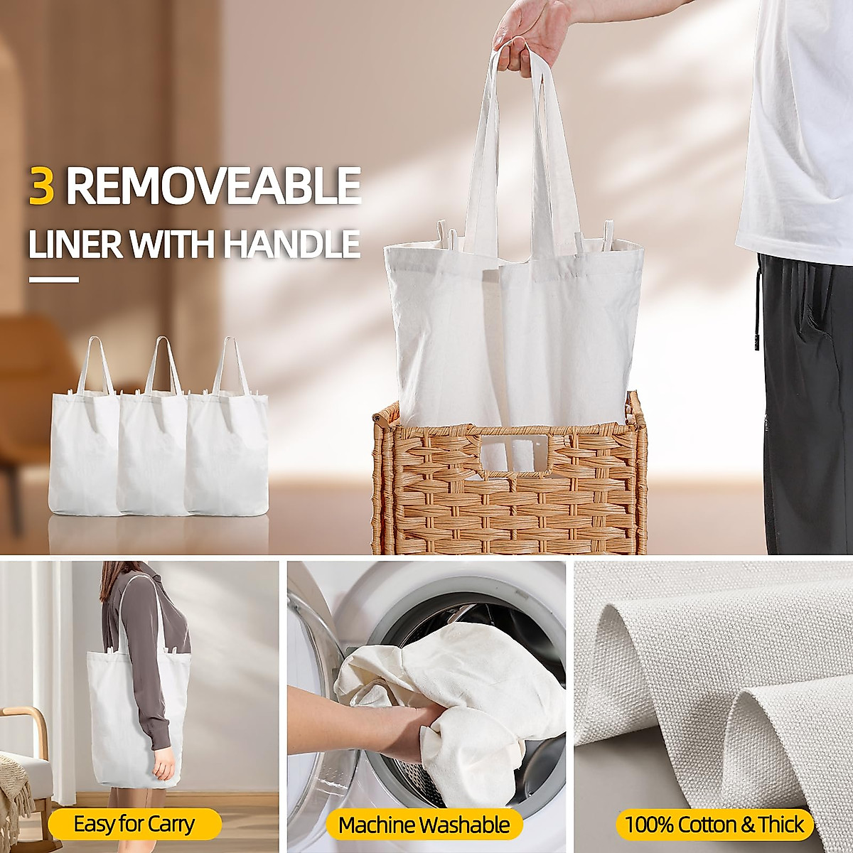 132 L Wicker Laundry Hamper with Lid 3 Section, Extra Large HandWoven Synthetic Rattan Wicker Laundry Basket with Removable Liner Bags for Bedroom Bathroom, Dirty Clothes Hampers Sorter Foldable