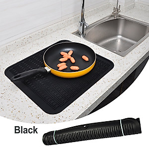 Dish Drying Mat for Kitchen, Silicone Black Dishes Drying Mats for Counter – 18”x 16” Rubber Dish Dryer Pad, Heat Resistant & Easy to Clean Trivet for Pots and Pans by Kindga