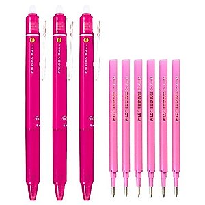 Pilot FriXion Ball Knock Retractable Erasable Gel Ink Pens, Extra Fine Point 0.5mm, Pink Ink, 3 Pens & 6 Refills Value Set