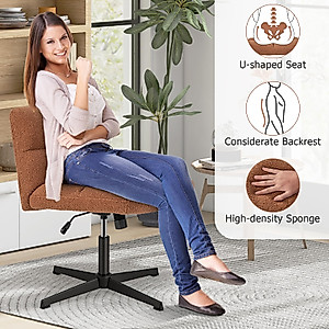 COSTWAY Cross Legged Office Chair, Armless Wide Seat Swivel Desk Chair No Wheels, Height Adjustable Mid Back Computer Task Chair, Modern Faux Lamb Fleece Vanity Chair for Home Office (Brown)