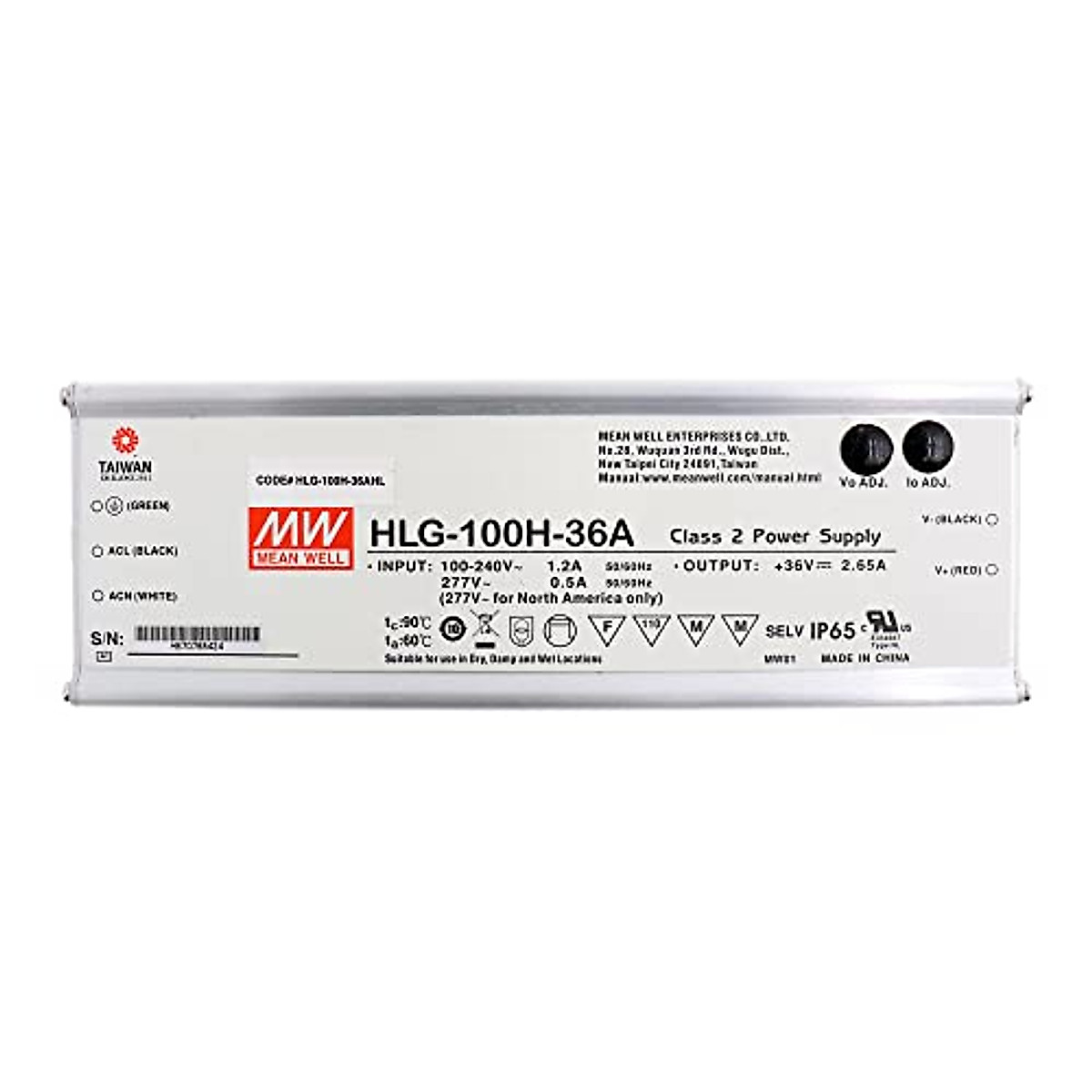 MEAN WELL HLG-100H-36A 100 W Single Output 2.65 A 36 Vdc Output Max IP65 Switching Power Supply - 1 Item(s)