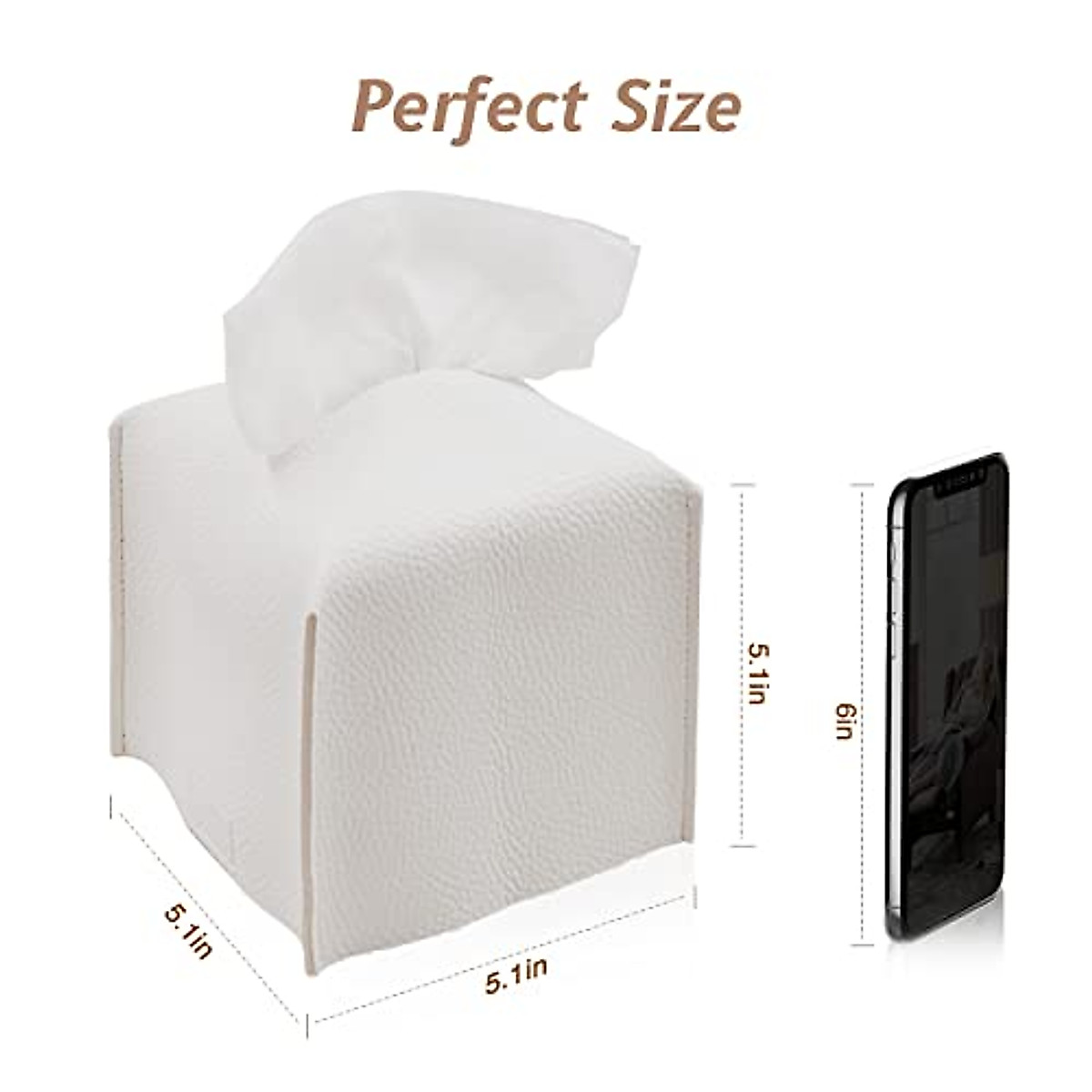 Zen Lyfe Tissue Box Cover Holder, Modern Square Decorative PU Leather Organizer with Bottom Belt for Bathroom Countertop, Nightstand, Office Desk(5.1''*5.1''*5.1'', with Bottom Belt)