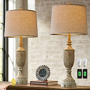 OYEARS 27.5” 3-Way Dimmable Touch Control Dual USB Table Lamp Set of 2 Modern Retro Farmhouse Vintage Lamps Resin Bedside Lamp for Living Room Bedroom Home Office(2 Bulbs Included)