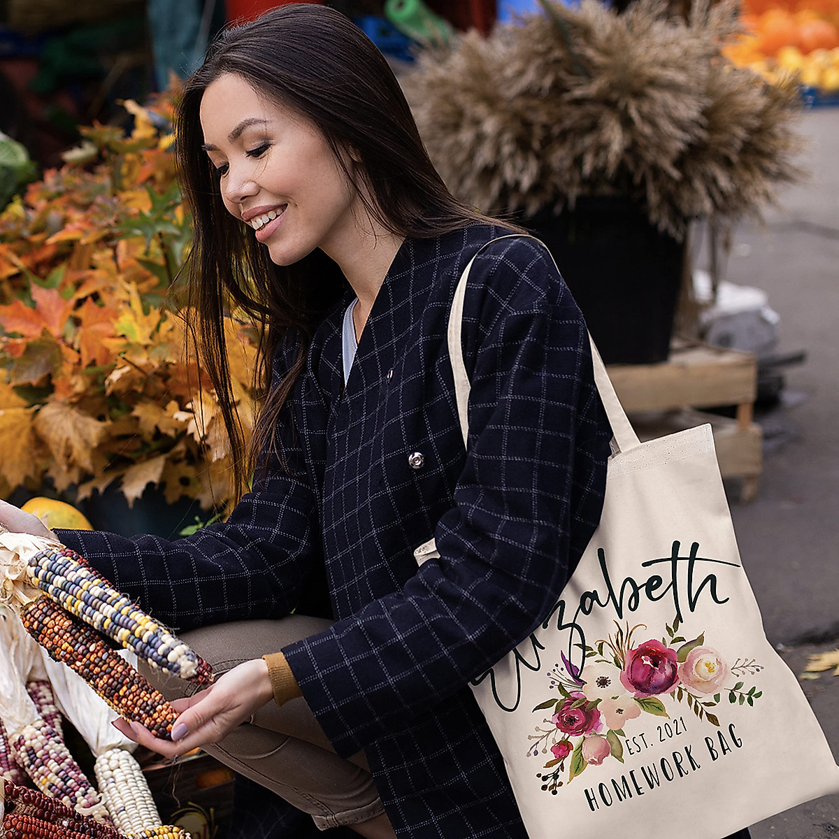 Personalized Floral Tote Bags Gift for Women w/Name Text Date - Customized Totes Bag for Beach Wedding Travel Work - Custom Flower Shoulder Bag - Custom Bachelorette Bridal Shower Birthday Gifts C1