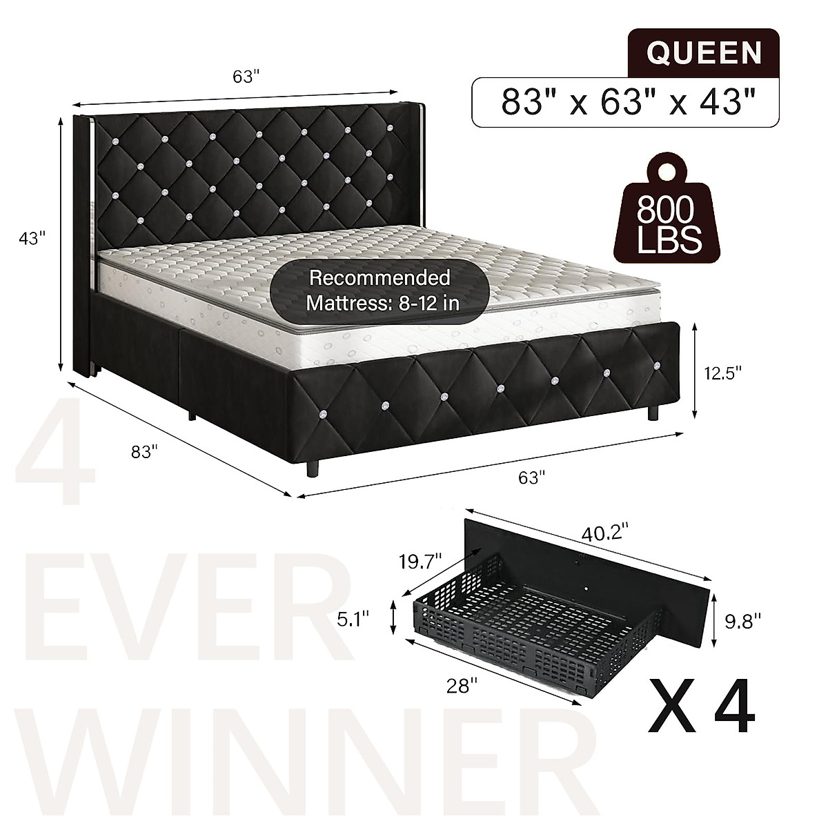 4 EVER WINNER Queen Size Bed Frame with 4 Storage Drawers, Velvet Tufted Diamond Platform Bed Frame with Upholstered Wingback Headboard, Heavy Duty Solid Wood Slats Support, No Box Spring Need, Black