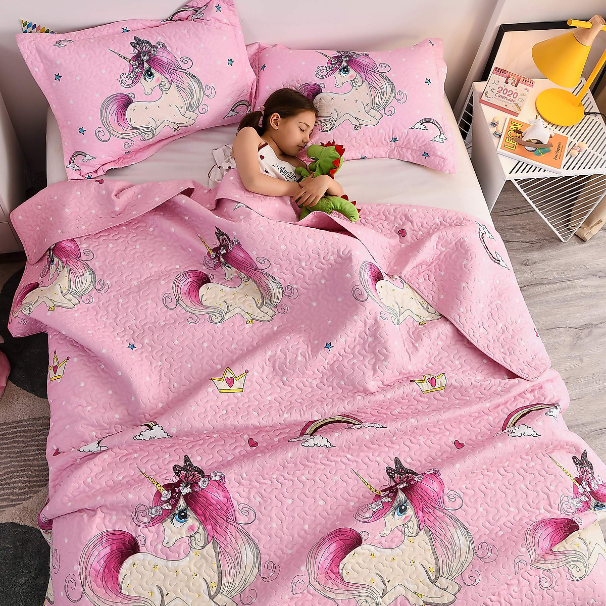 Quilt Set Twin Size Girls Quilt Bedding Twin Quilts Girls Kids Quilt Bedspreads Coverlet Pink Unicorn Bedding Girls Lightweight Reversible Quilts Set Bedding Girls Pink Quilt with Pillow Shams