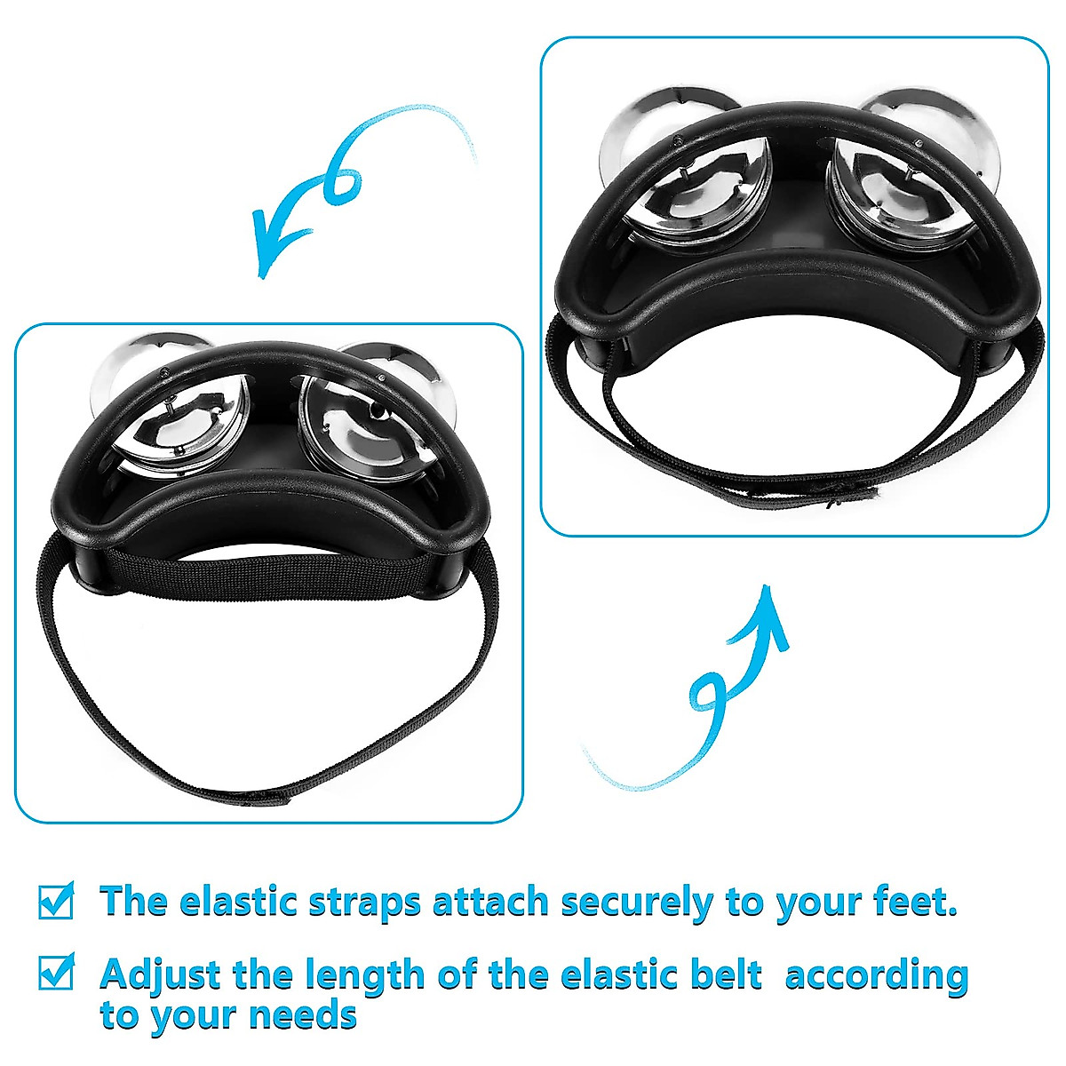 4 PCS Foot Tambourine for Adults, Black Foot Percussion Instruments with Metal Steel Jingle Bell for Guitar Drum Accessory Instrument