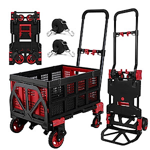 2 in 1 Hand Truck Dolly with Folding Basket,Folding Hand Truck Heavy Duty 330lbs Capacity,Foldable Hand Trcuk with Retractable Handle and Rubber Wheels,Portable Dolly with Bungee Cords for Moving