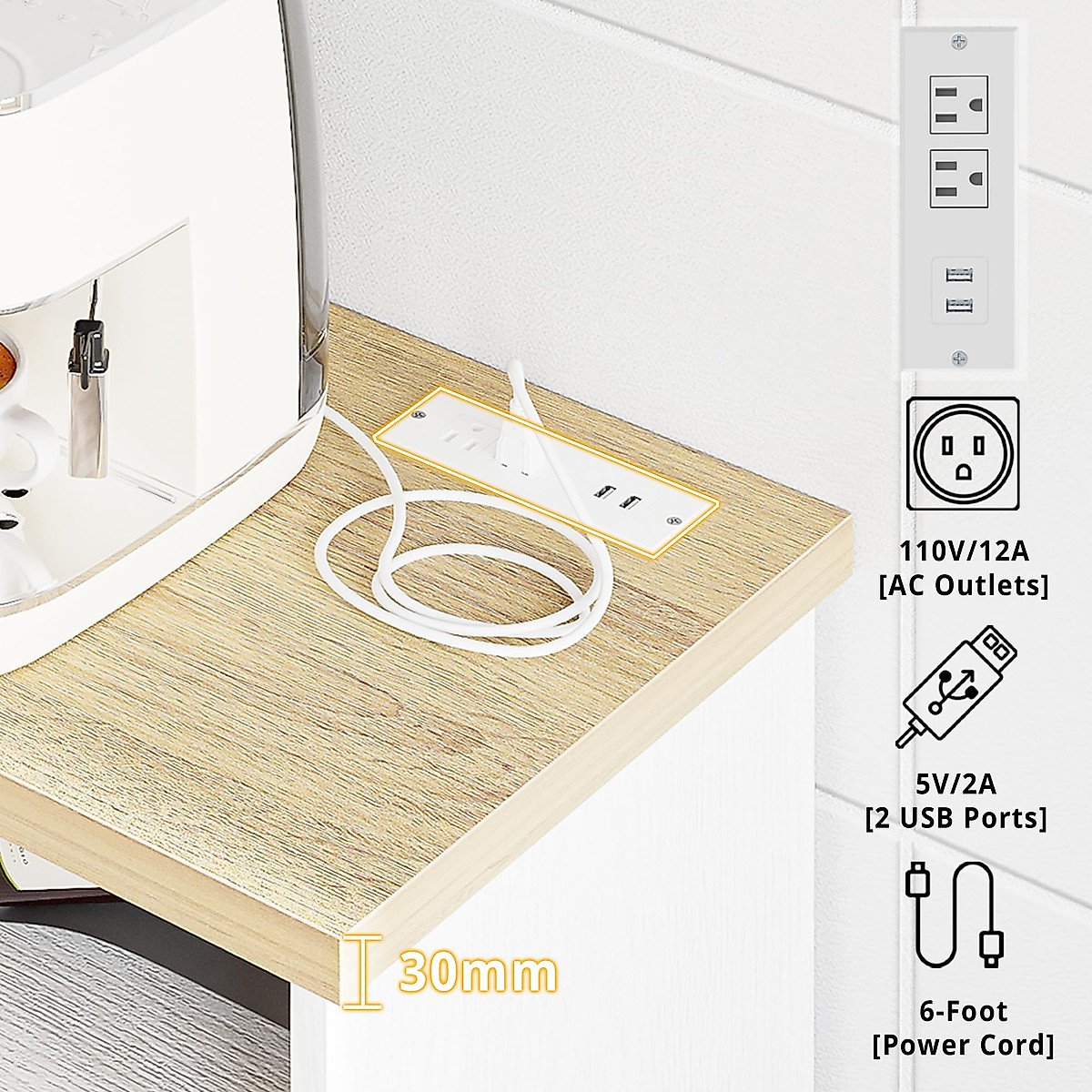 IRONCK Coffee Bar Cabinet with Power Strip, 47" Storage Cabinet with Barn Doors and Thickened Top Board, White Sideboard, Buffet for Dinning Room, Kitchen, Living Room