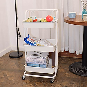 Piowio 3 Tier Utility Rolling Cart Multifunction Organizer Shelf Storage Cart with 3 Pieces Cups and 8 Pieces Hooks for Home Kitchen Bathroom Laundry Room Office Store etc. (White)