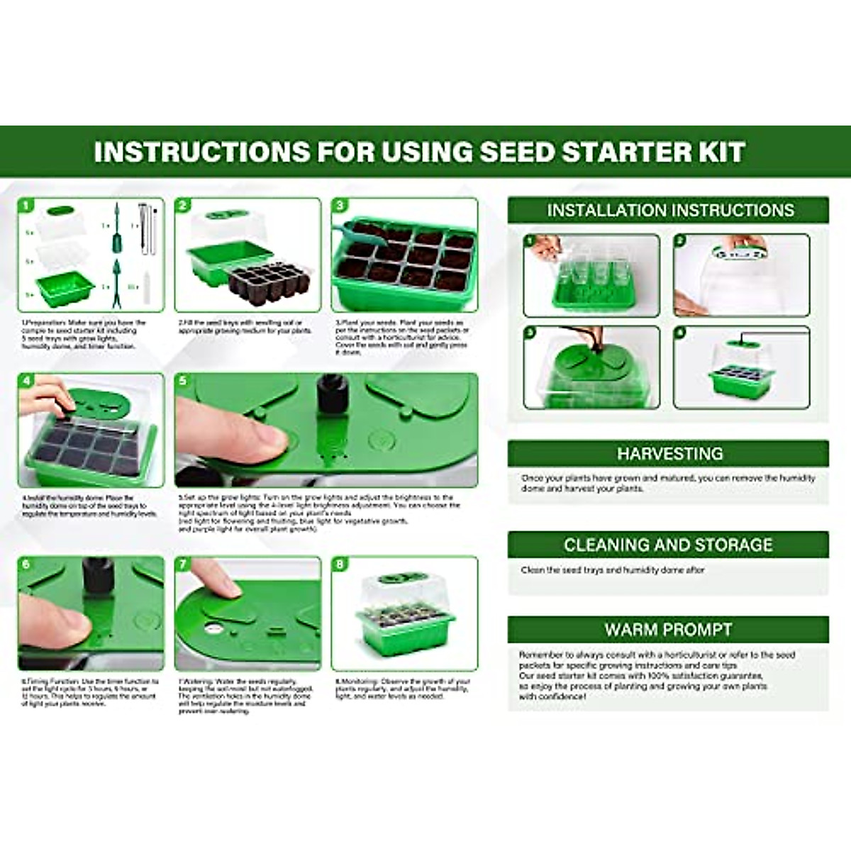 60 cell Reusable Seed Starter Tray with Grow Light, 5 Pack Seed Starter Kit with Adjustable Red, Purple, and Blue Light Brightness, Humidity,Timing for Indoor all plants fruit and vegetable seedlings