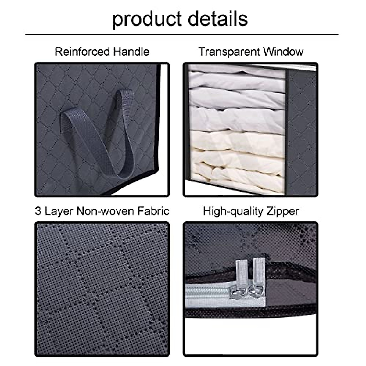 FEXIA 6 Pack 90L Large Clothes Storage Bag Foldable Closet Organizer and Storage Bin with Reinforced Handle Clear Window Sturdy Zipper Thick Farbic for Quilts, Comforters, Blankets, Bedding(Gray)