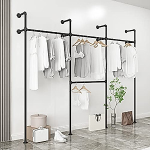 Industrial Pipe Clothing Rack,Moden Commercial Grade Pipe Clothes Racks,Wall Mounted Closet Storage Rack,Hanging Clothes Retail Display Rack,Heavy Duty Steampunk Garment Racks,Black(Three,Staggered)