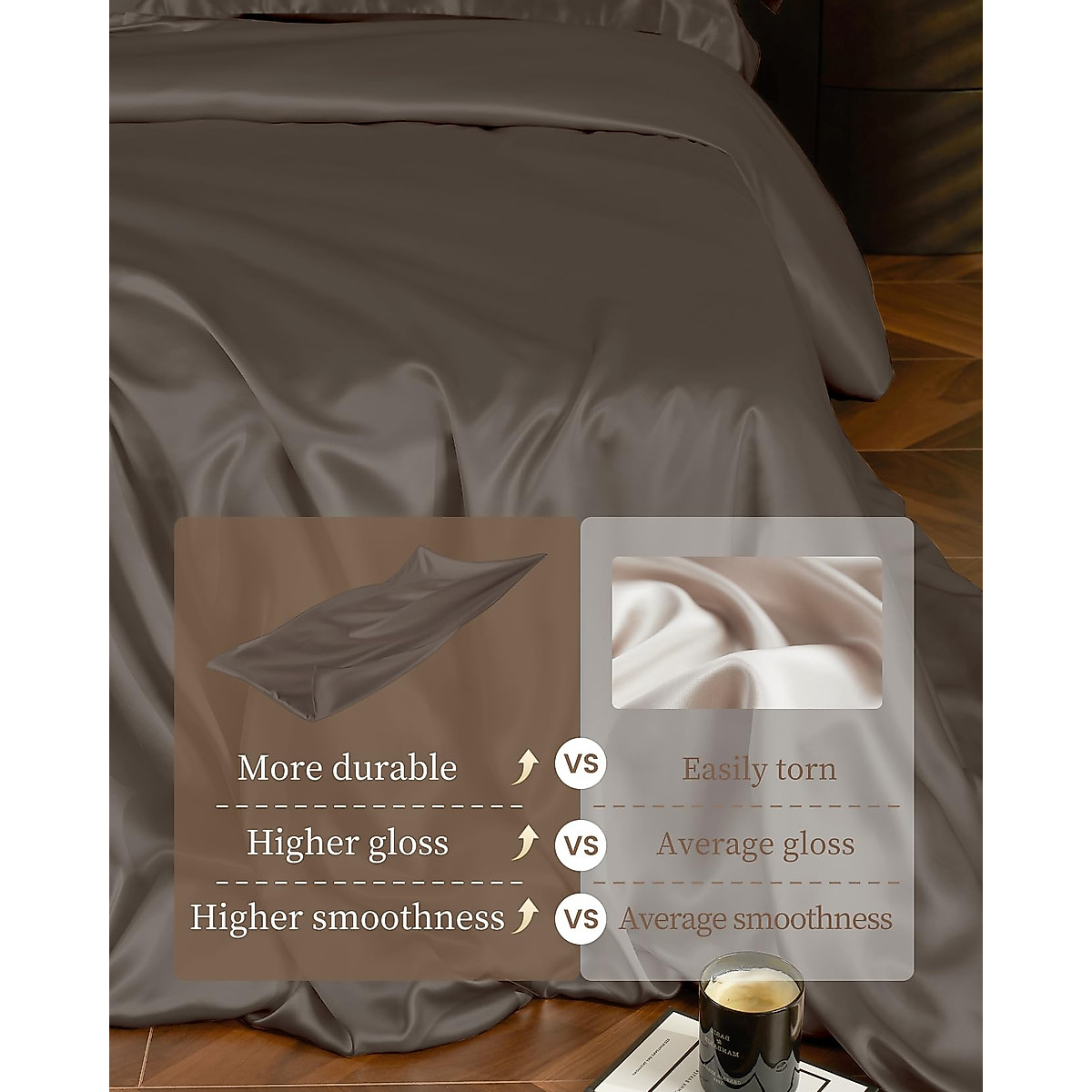 THXSILK 25 Momme Silk Duvet Cover Set 4PCS(1 Duvet Cover + 1 Fitted Sheet + 2 Pillow Shams),100% Mulberry Natural Silk Bedding Set (Charcoal, King)