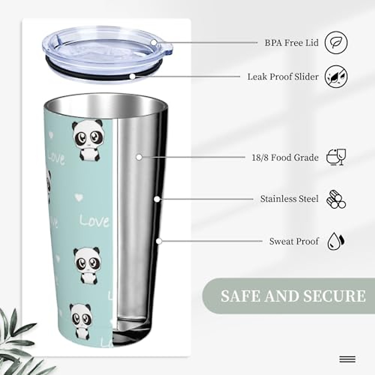 Yaxongx 20oz Tumbler Love Pandas Double Wall Vacuum Insulated Coffee Mug with Lid and Metal Straw Brush Reusable Stainless Steel Water Bottle Travel Cup Gifts for Car Ice Drinks Hot Beverage